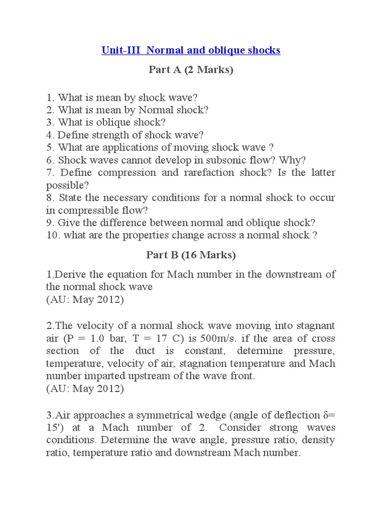 Unit-III Normal and Oblique Shocks: Part A (2 Marks) | PDF | Shock Wave ...
