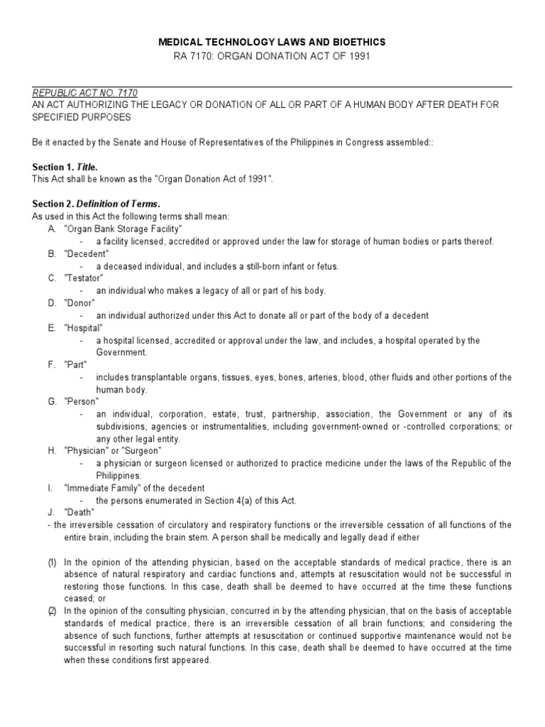 Ra 7170 Organ Donation Act of 1991 | PDF | Will And Testament | Death