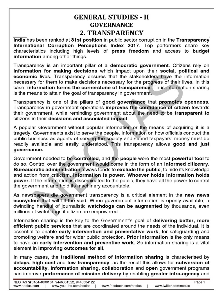 General Studies - Ii 2. Transparency: Governance | PDF | Transparency (Behavior) | Audit