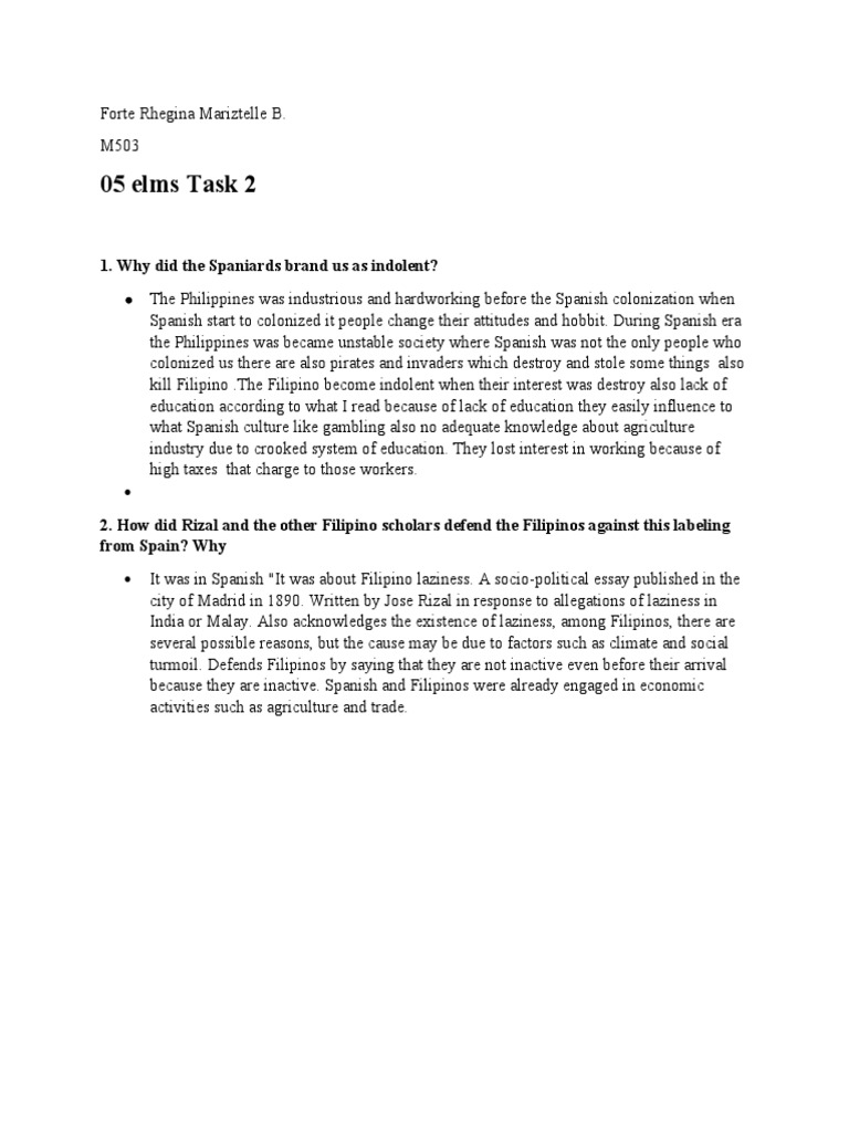 05 Elms Task 2: 1. Why Did The Spaniards Brand Us As Indolent? | PDF