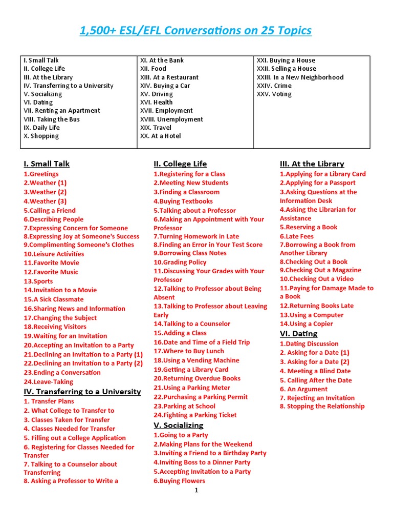 1,500+ ESL/EFL Conversations On 25 Topics: I. Small Talk II. College ...