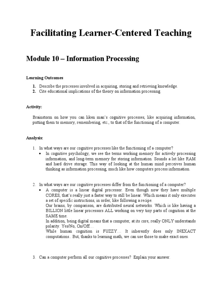 Module 10 Facilitating Learner Centered Teaching | PDF | Memory | Recall (Memory)