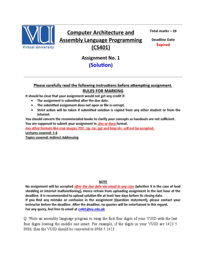 Computer Architecture and Assembly Language Programming (CS401) | PDF | Assembly Language ...