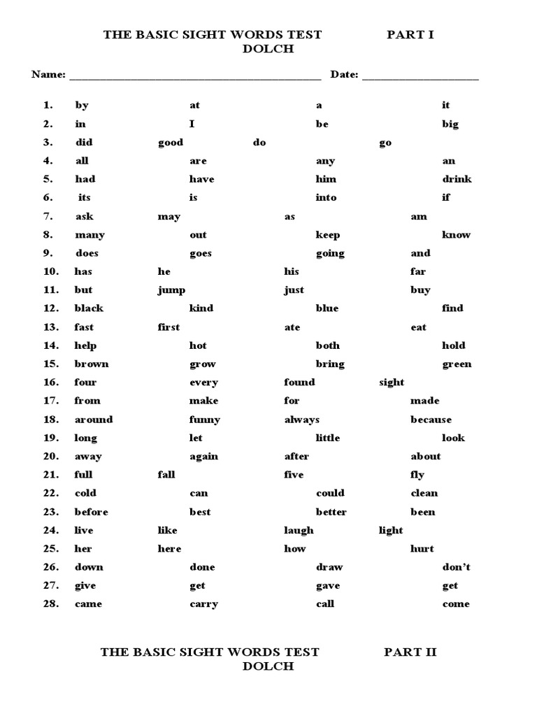 The Basic Sight Words Test Dolch | PDF