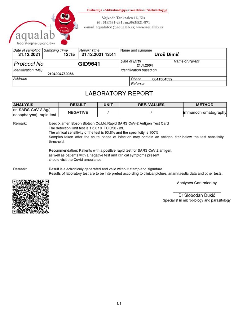 NALAZ Uros Dimic | PDF | Sensitivity And Specificity | Microbiology