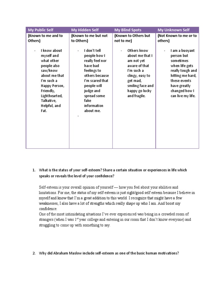 My Public Self My Hidden Self My Blind Spots My Unknown Self | PDF ...