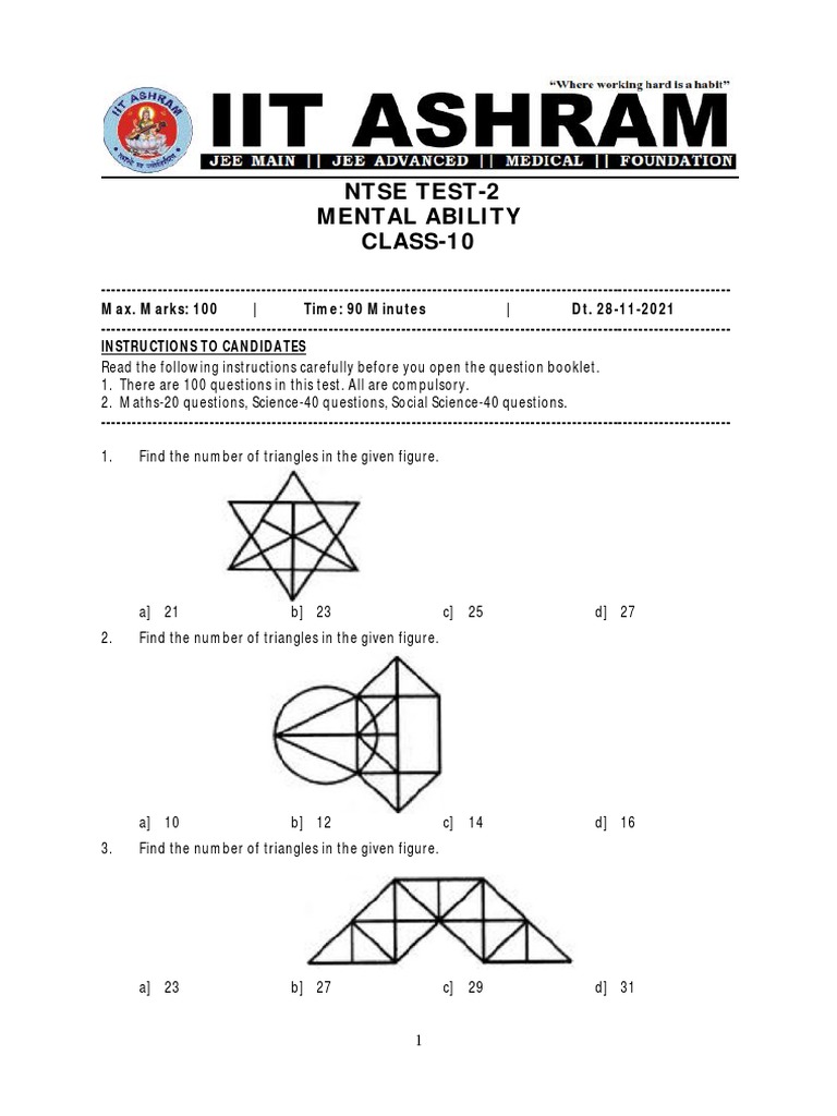 Ntse Test-2 Mental Ability CLASS-10: Instructions To Candidates | PDF ...