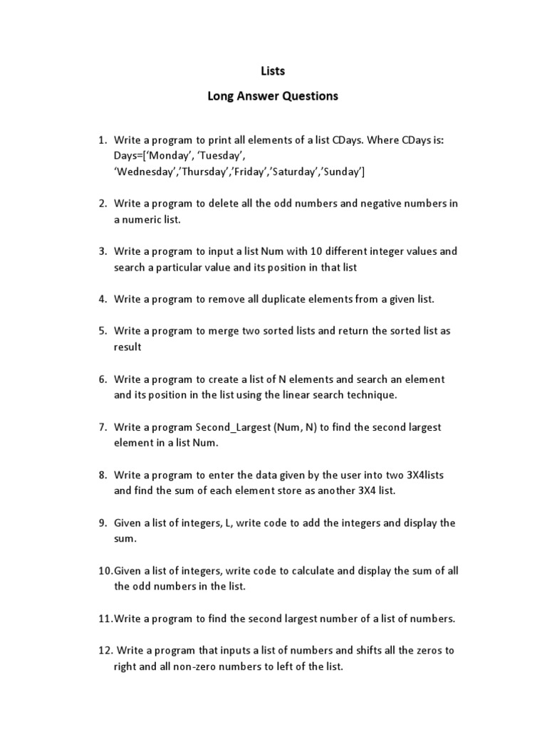 Lists Long Answer Questions | PDF