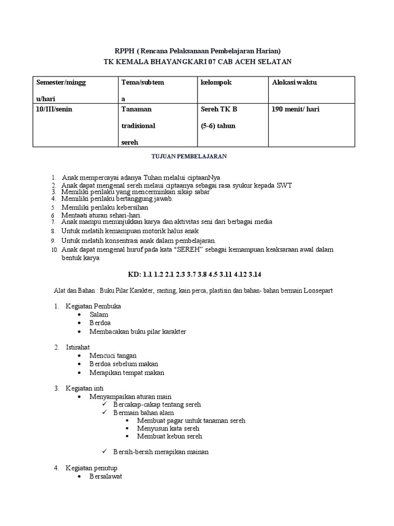 RPPH Tema Sereh TK B Semester 2 | PDF | Karier & Perkembangan ...