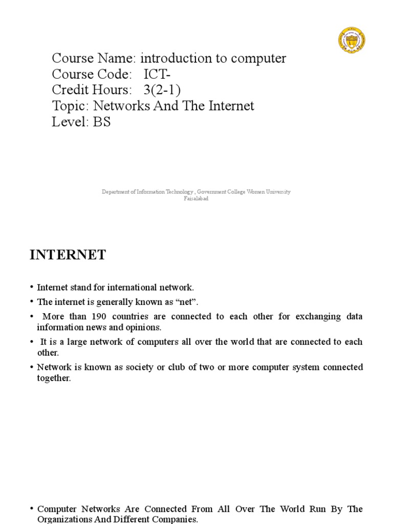 Course Name Introduction To Computer Course Code Ict Credit Hours 3 2 1 Topic Networks And 