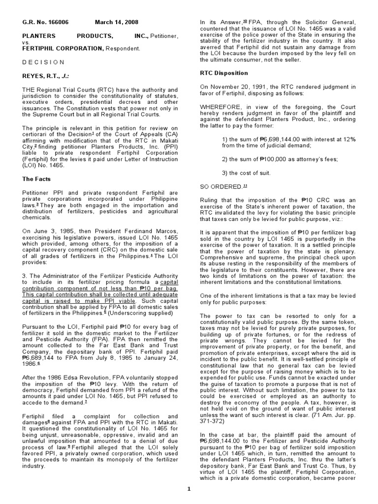 Tax1. Cases. 2. C. Power of Taxation As Distinguished From Police Power ...