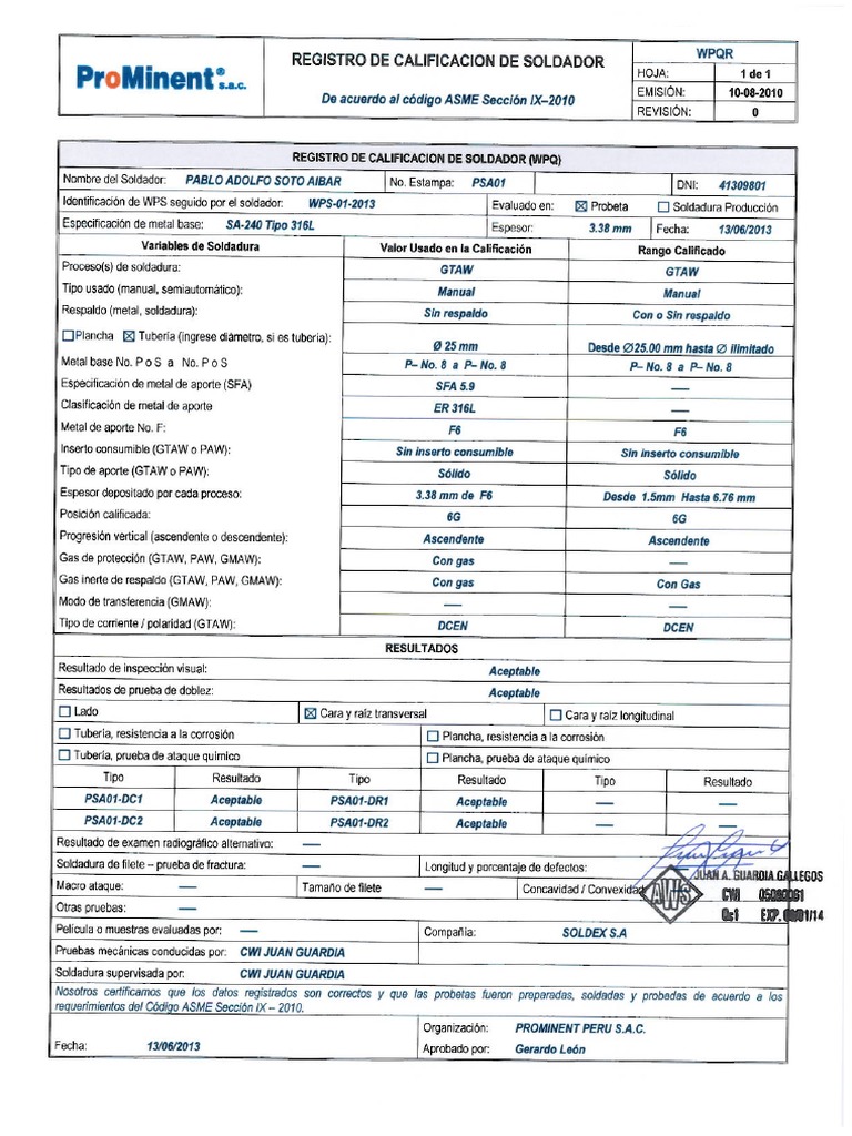 WPQ - Asme Ix - Gtaw - 6G - Inox 316L | PDF