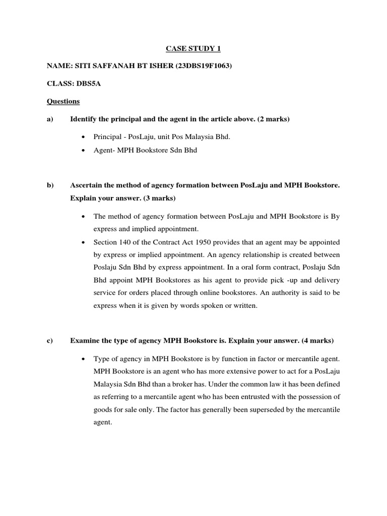 Agency Law Case Study: PosLaju & MPH | PDF | Law Of Agency | Legal Concepts