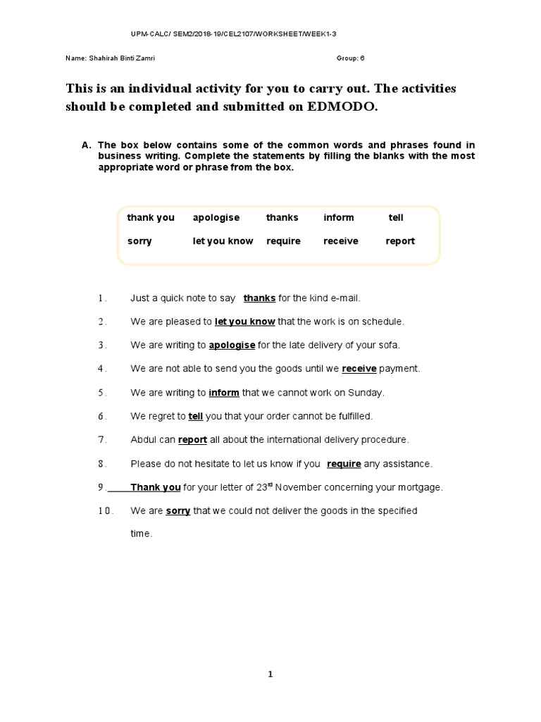 Business Writing Worksheet Activities | PDF