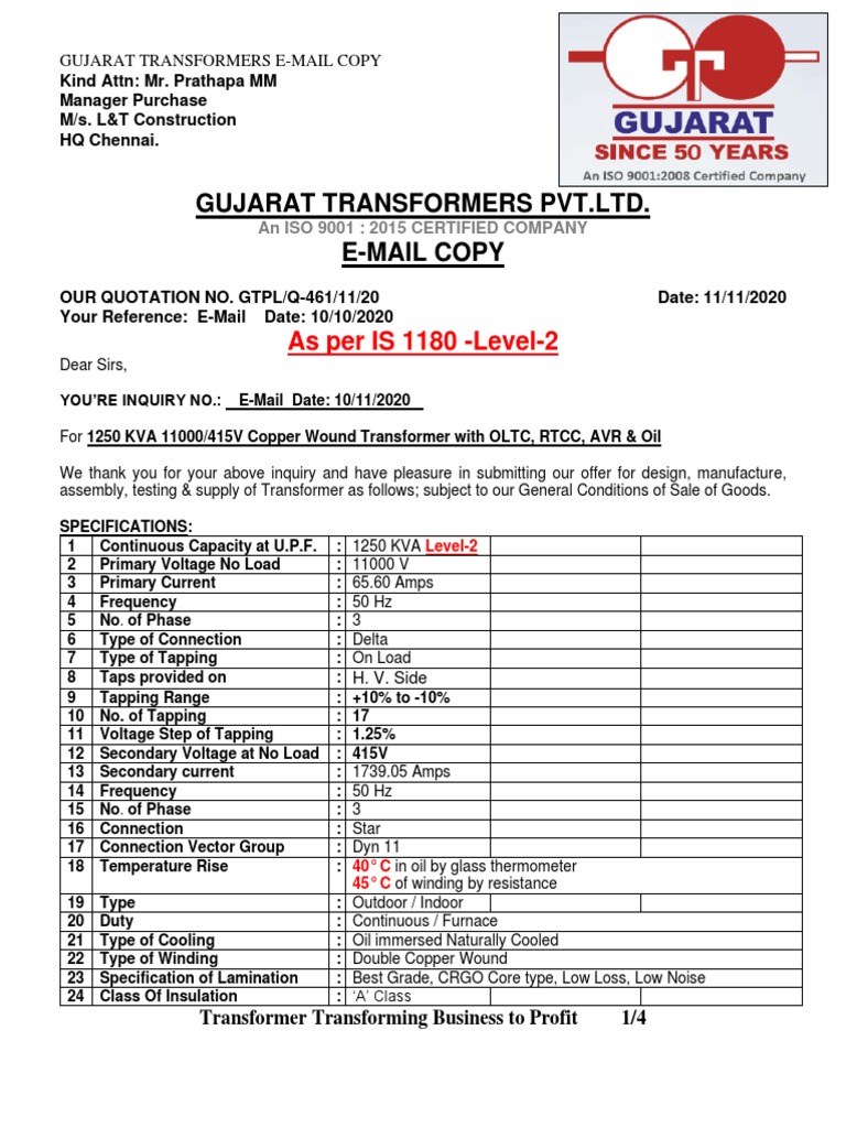 Gujarat Transformers PVT - Ltd. E-Mail Copy: As Per IS 1180 - Level-2 | Download Free PDF ...