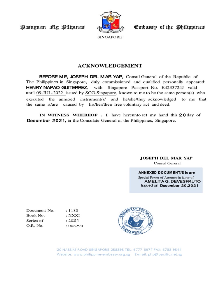 Pasuguan NG Pilipinas Embassy of The Philippines: Acknowledgement | PDF