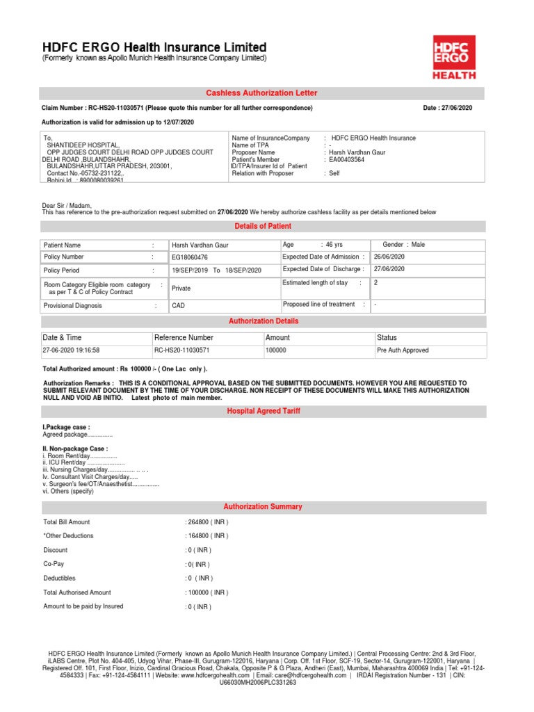 Cashless Authorization Letter: Details of Patient | PDF | Insurance ...