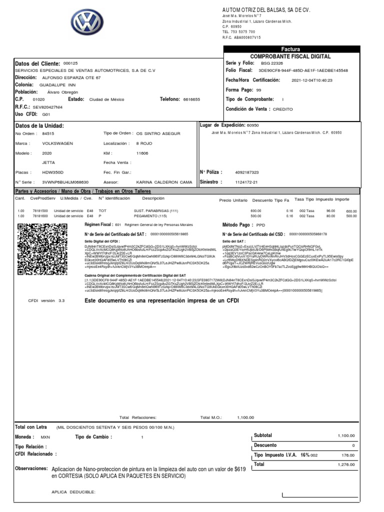 Factura por reparaciones y refacciones de un vehículo Volkswagen Jetta | PDF