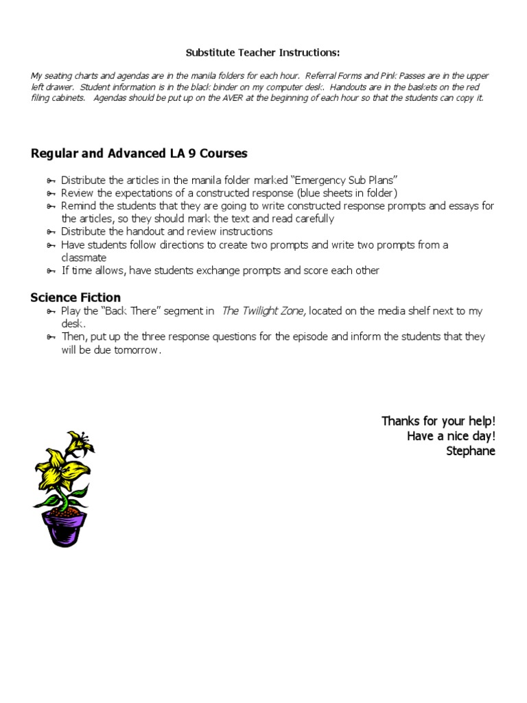 Emergency Substitute Teacher Instructions2013 | PDF