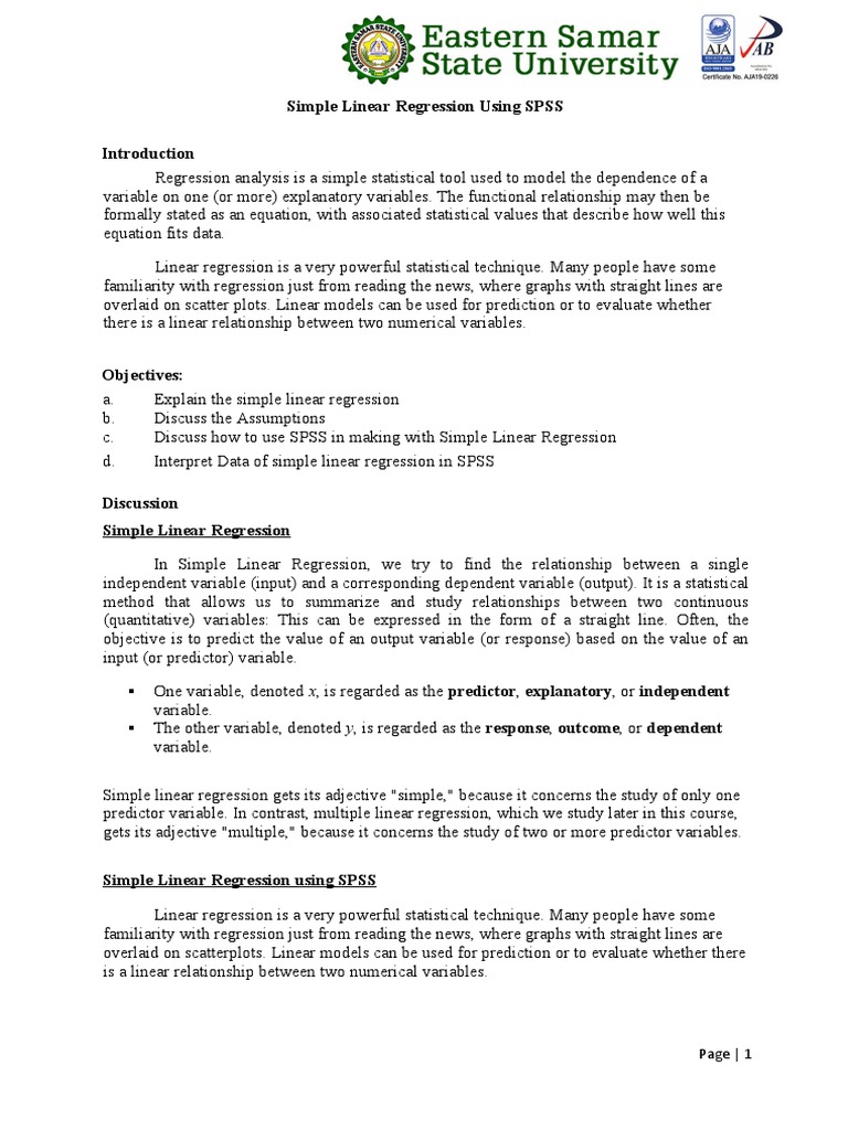 STATG5 - Simple Linear Regression Using SPSS Module | PDF | Regression ...