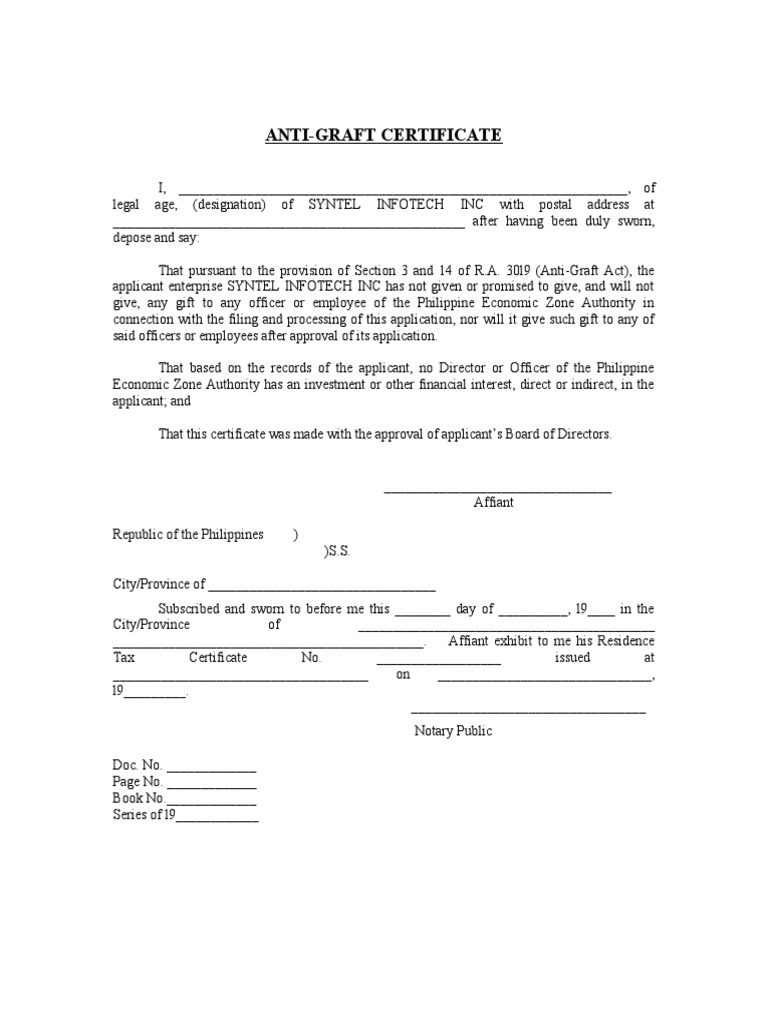 PEZA Anti-Graft Compliance Certificate | PDF | Business