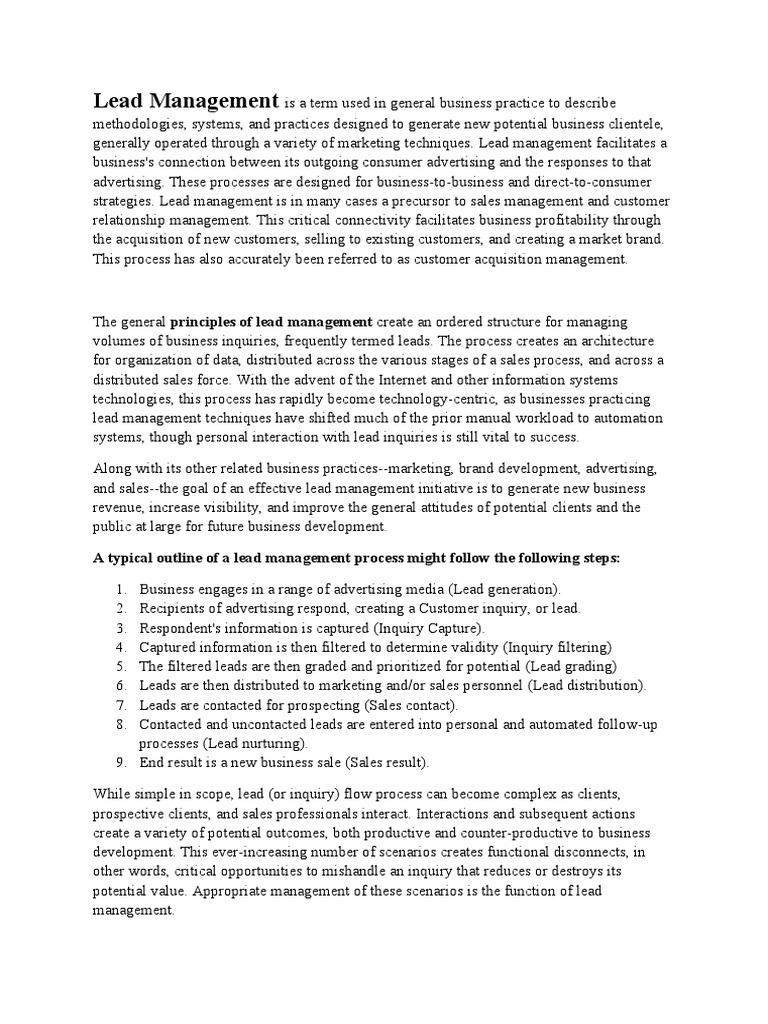 Lead Management: A Typical Outline of A Lead Management Process Might ...