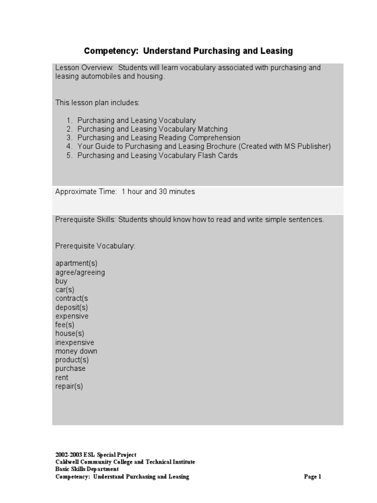 Purchasing and Leasing Vocabulary Guide | PDF | Vocabulary | Reading ...