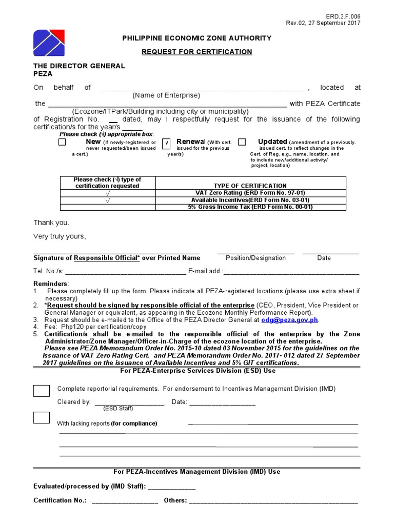 Philippine Economic Zone Authority Request For Certification The Director General Peza | PDF ...