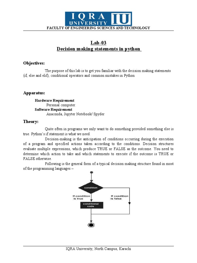 Lab-03 Decision Making Statements in Python: Objectives | PDF | Boolean Data Type | Python ...