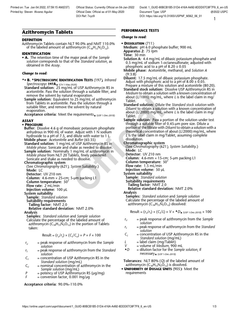 Azithromycin Tablets USP Monograph | PDF | Chromatography | Buffer Solution