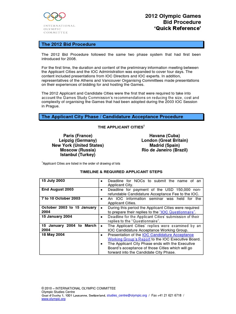 2012 Olympic Games Bid Procedure QRef June2010 | PDF | Olympic Games ...