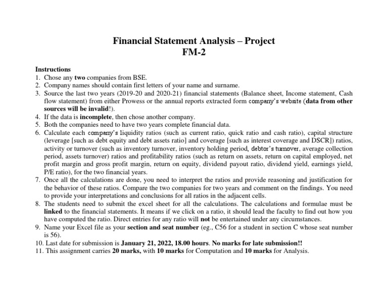 Financial Statement Analysis - Project FM-2: Instructions | PDF