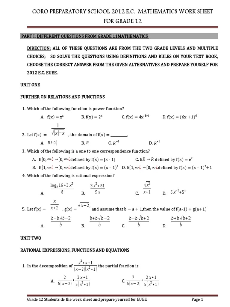 Mathematics Questions For Work Sheet - 180520112237 | PDF ...
