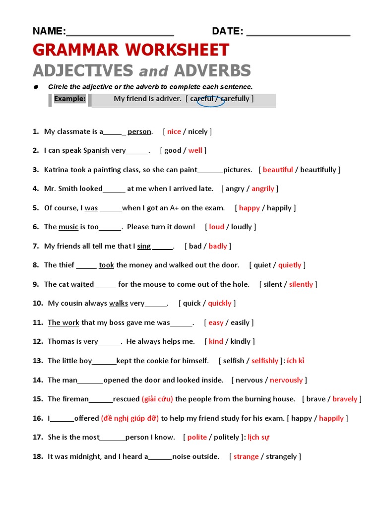 Worksheet Adjectives Adverbs | PDF