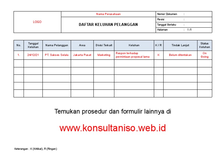 Formulir Daftar Keluhan Pelanggan | PDF