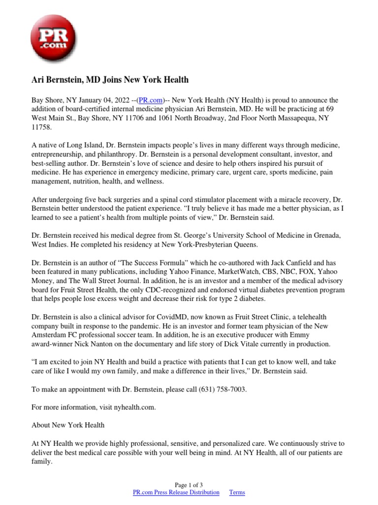 Ari Bernstein, MD Joins New York Health | PDF | Doctor Of Medicine ...