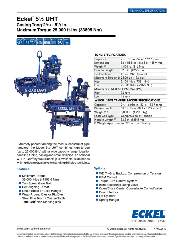 Eckel 5 UHT: Casing Tong 2 / - 5 / In. Maximum Torque 25,000 Ft-Lbs ...