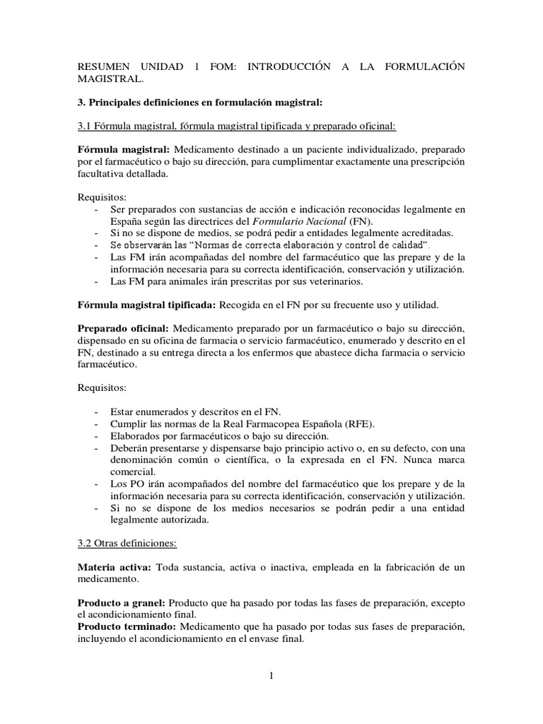 Resumen Unidad 1 Introducción A La Formulación Magistral | PDF | Farmacéutico | Farmacia