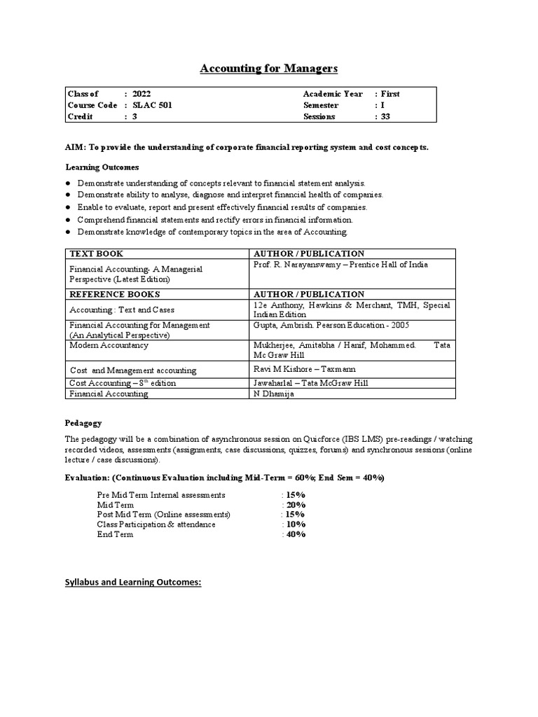 Accounting For Managers: Syllabus and Learning Outcomes | PDF | Income ...