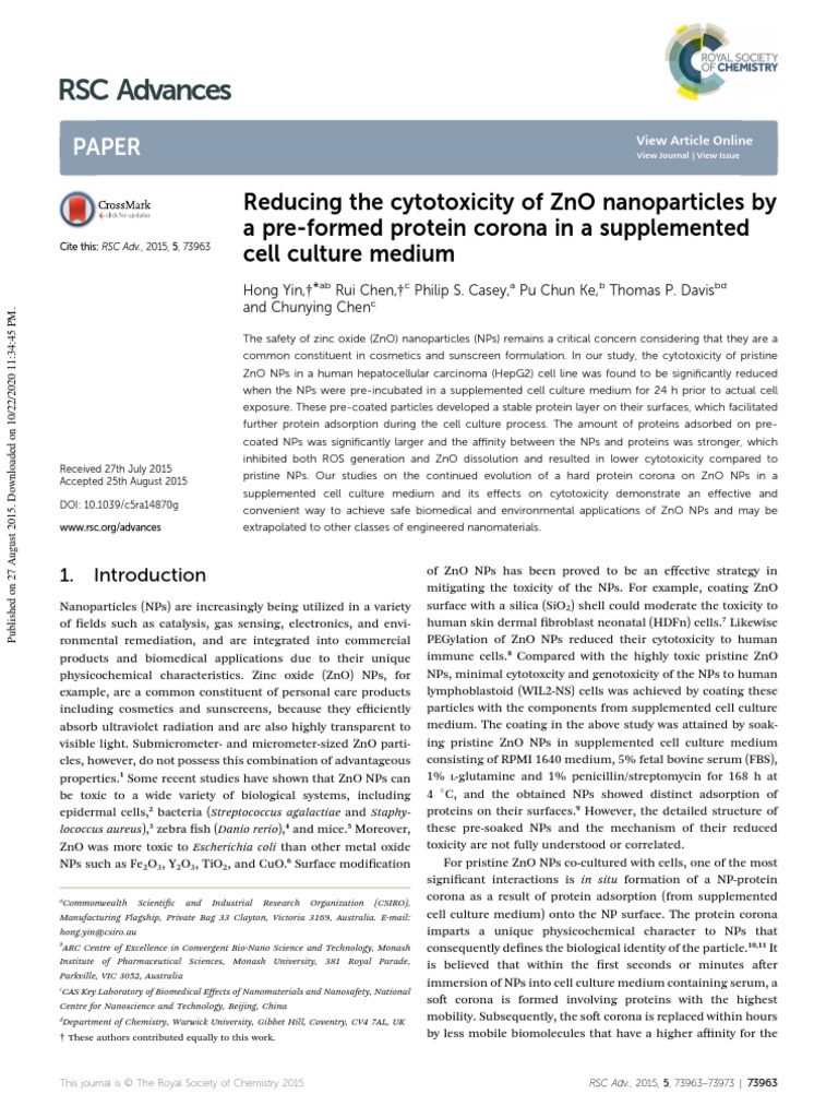 Reducing The Cytotoxicity of ZnO Nanoparticles by | PDF | Zinc Oxide ...