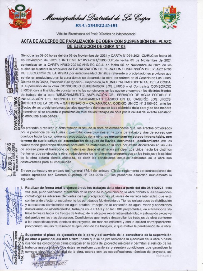 ACTA DE ACUERDO DE PARALIZACIÓN DE OBRA CON SUSPENSIÓN DEL PLAZO DE EJECUCIÓN DE OBRA N°03 ...