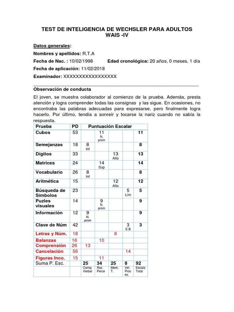Test de Inteligencia de Wechsler para Adultos Wais | PDF | Escala de ...