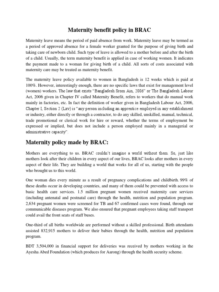BRAC Maternity Benefit Policy Overview | PDF | Childbirth | Breastfeeding