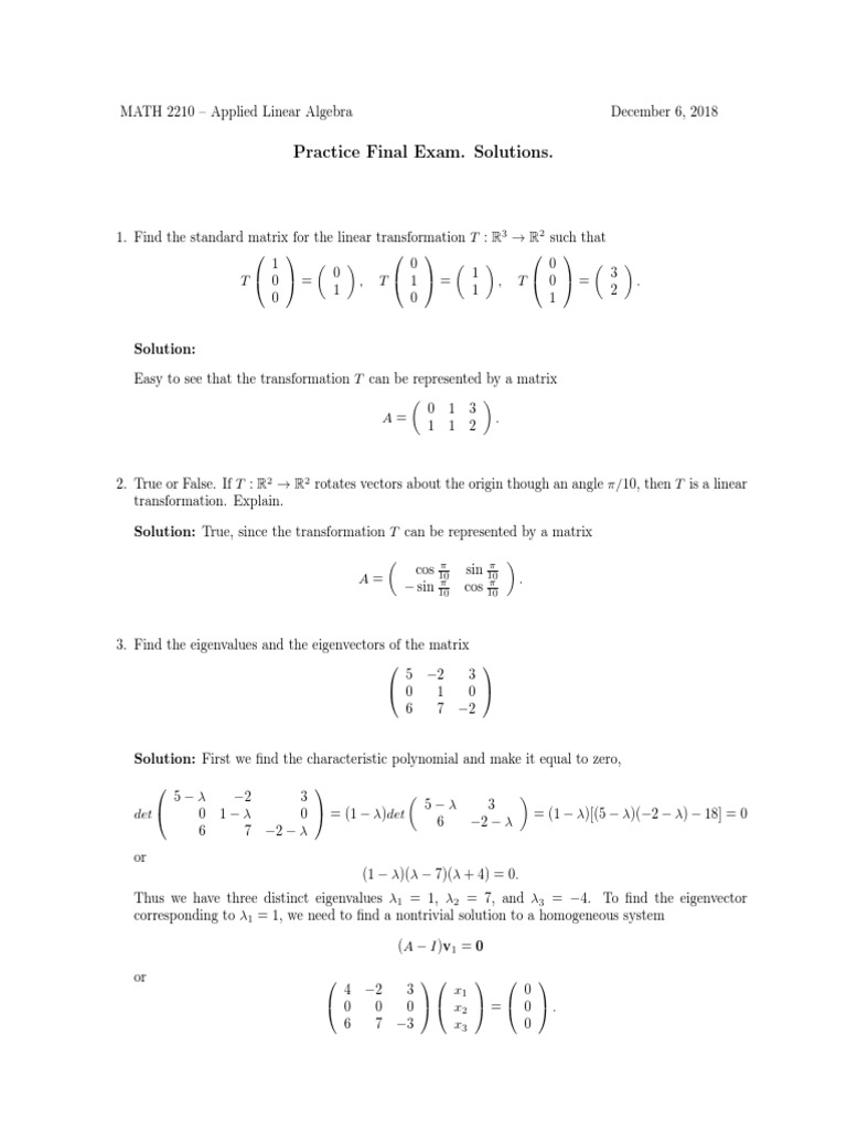 Practice Final Exam. Solutions | PDF | Eigenvalues And Eigenvectors | Linear Subspace