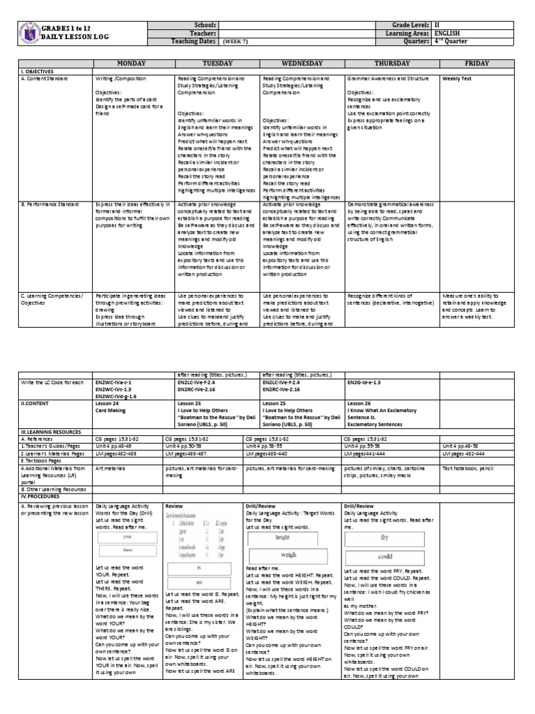 Grade 2 DLL English 2 q4 Week 7 | PDF | Reading Comprehension | Cognition