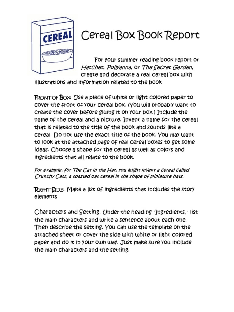 Cereal Box Book Report: Hatchet Pollyanna The Secret Garden | PDF | Books