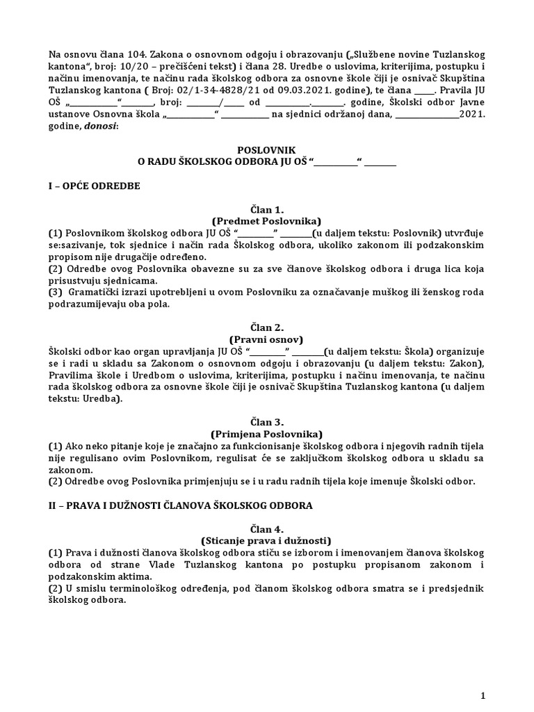 Poslovnik o Radu Školskog Odbora Novi-Nacrt-Po Novoj Uredbi | PDF