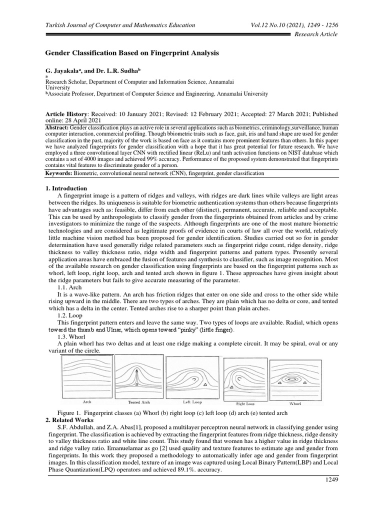Gender Classification Based On Fingerprint Analysis: G. Jayakala, and Dr. L.R. Sudha | PDF ...