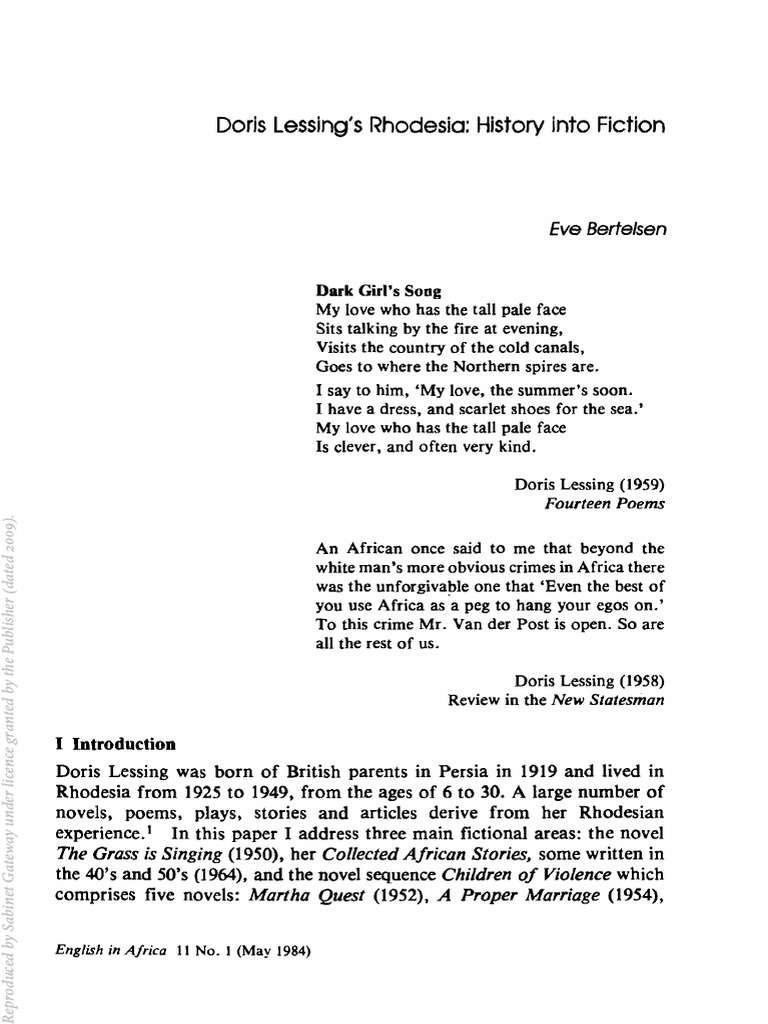Doris Lessing's Rhodesia: History into Fiction | PDF | Doris Lessing ...
