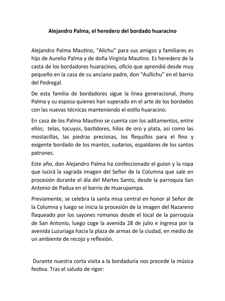 Alejandro Palma: Bordador Huaracino | PDF | Bordado